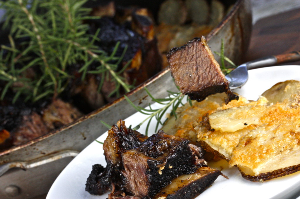 Bourbon Beef Ribs are paired with Tasso Potato Gratin in this combination.