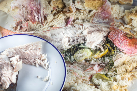 Salt-Encrusted Red Snapper steams whole fish inside a dome of salt.
