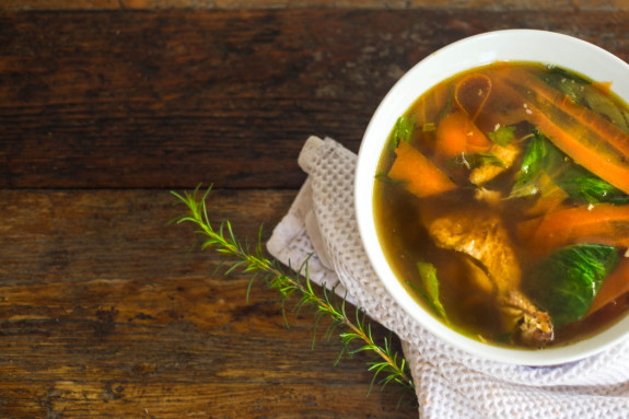 Soulful Chicken Soup is a lesson in making a dark chicken stock.