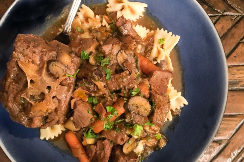 Venison Bourguignon features wild game cooked in red wine.